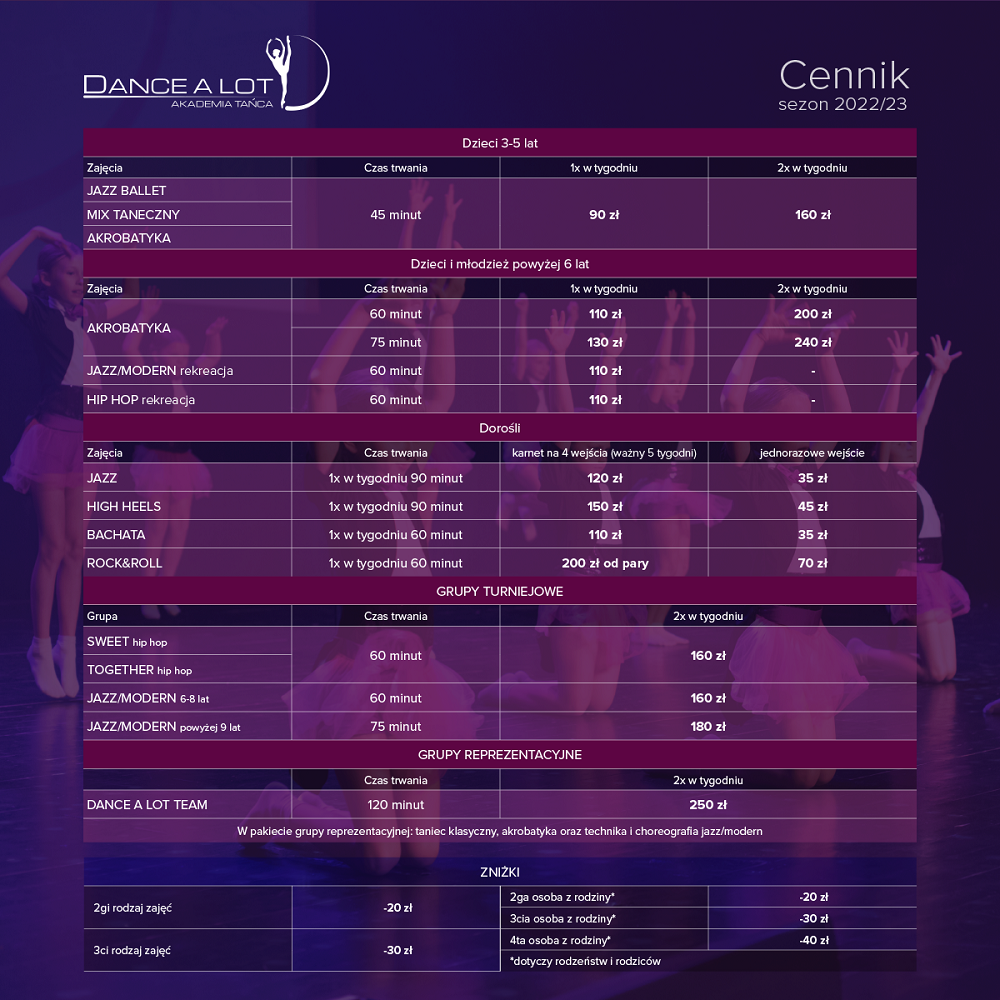 Grafik zajęć i tanecznych warsztatów, cennik usług